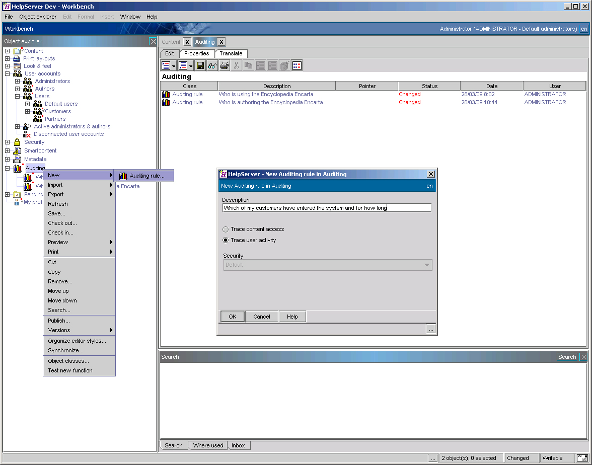 Authoring - Creating an auditing rule to trace user activity
