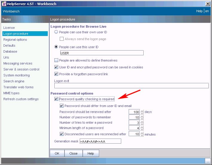 Administration - The password control options